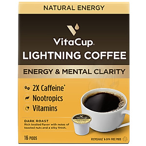 VitaCup Lightning Coffee Pods, Enhance Memory & Focus w/ 2X Caffeine,16CT | Focus Mushroom Coffee Pods, Boost Focus & Immunity w/Lions Mane, Chaga, B Vitamins, D3 16CT