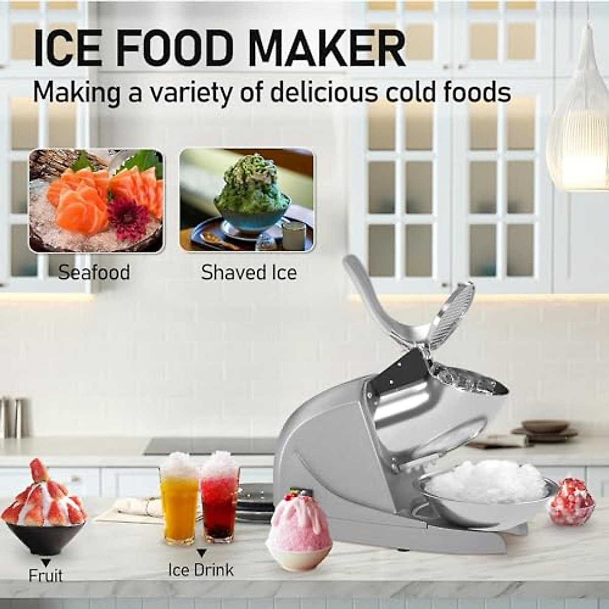 OKF Ice Shaver Prevent Splash Electric Three Blades Snow Cone Maker Stainless Steel Shaved Ice Machine 380W 220lbs/hr Home and Commercial Ice Crushers (Silver)