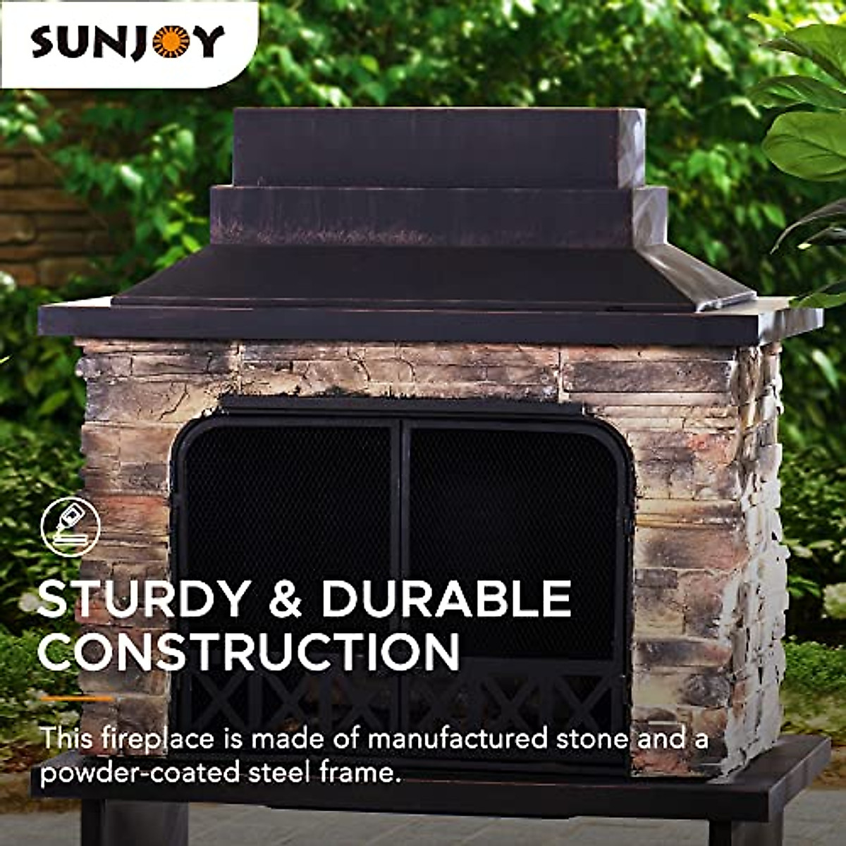 Sunjoy Outdoor Fireplace, Heavy Duty Patio Wood Burning Fireplace with Steel Chimney, Mesh Spark Screen Doors, Removable Grate and Fire Poker, Black