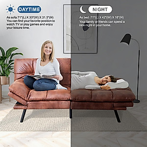 MUUEGM 71" Sofa Bed with Memory Foam,Futon Sofa Bed with Adjust Backrest and Armrest, Couches for Living Room,Studios, Apartments, Dormitories, Offices and Game rooms. Brown Leather Sofa