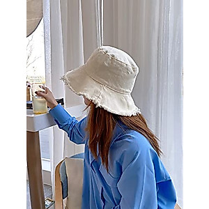 Bucket-Hat-Distressed Sun-Protection Washed-Cotton Beach-Sun-Hat - Summer-Wide-Brim(3.2inch Brim) Beach-Cap(Size:S-M) Beige