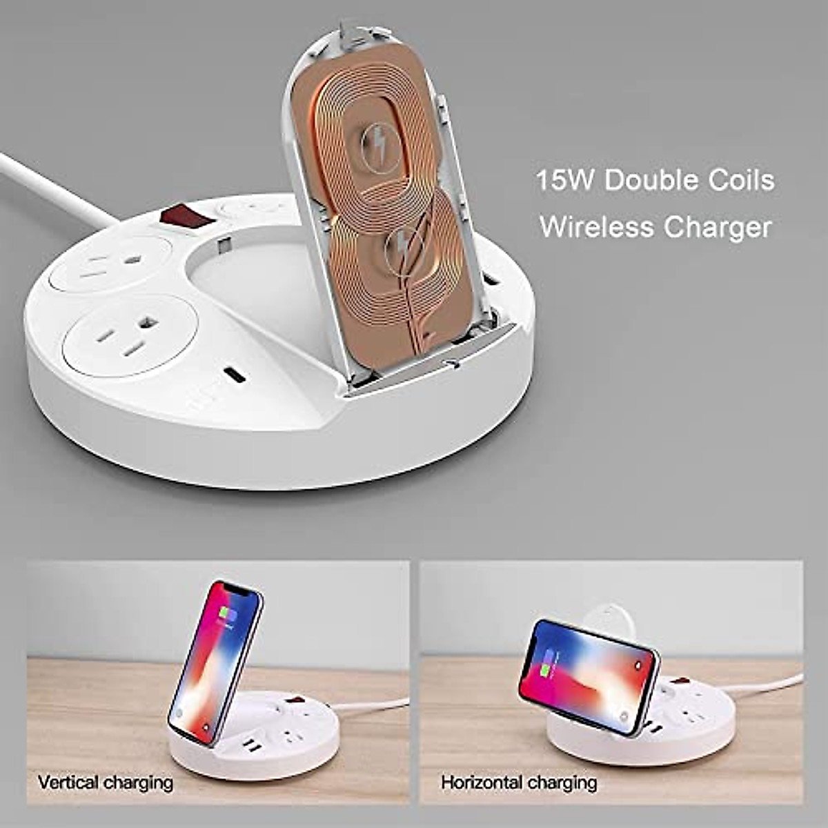 Surge Protector Power Strip Tower, KingTSYU Power Strip Extension Cord with USB C Ports, 4 Outlets and 15W Wireless Charger, USB C PD Power Delivery for Home/Office/Travel (PD 20W)