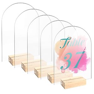Bercoor 5 Pack 5x7 Inch Blank Clear Arch Acrylic Sign with Wooden Stands, Arched Round Top Acrylic Sheet, DIY Acrylic Arch Table Numbers for DIY Name Card Gifts Event Party Sign Decoration