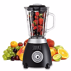 Rae Dunn Table and Countertop Blender- 2 Speed Blender with 1.5 L Glass Container and Lid, 500 W Shake and Smoothie Maker, Juice Blender with 6 Blades (Black)