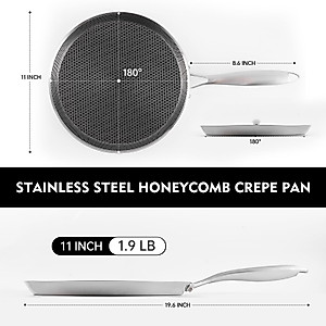 Vegoran Stainless Steel Crepe Pan,11 inch Nonstick Crepe Pan, Coating Flat Skillet Pancake Pan, Non Stick Honeycom Pizza Tawa Dosa Tortilla Griddle Pan, Induction Compatible, PFOA Free (11 Inch)