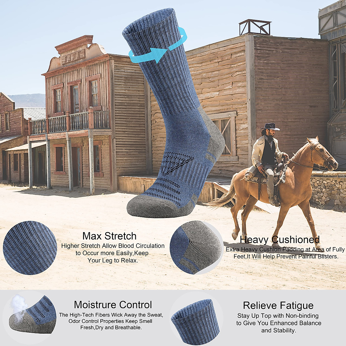 Ortis Men's Cotton Cushion Crew Socks Moisture Wicking Breathable Thick Warm Thermal for Athletic Heavy Duty Work Boot(Denim L)