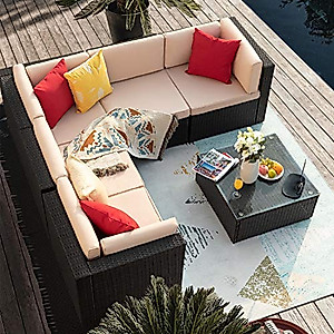 Homall 6 Pieces Furniture Outdoor Sectional Sofa All Weather PE Rattan Patio Conversation Set Manual Wicker Couch with Cushions and Glass Table, Beige