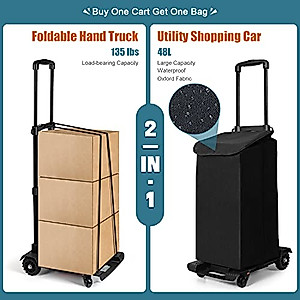 SELORSS 2-in-1 Foldable Hand Truck Utility Cart, Portable Grocery Shopping Cart with Wheels and Removable Waterproof Bag, Collapsible Lightweight Large Capacity for Supermarket, Laundry, Camping