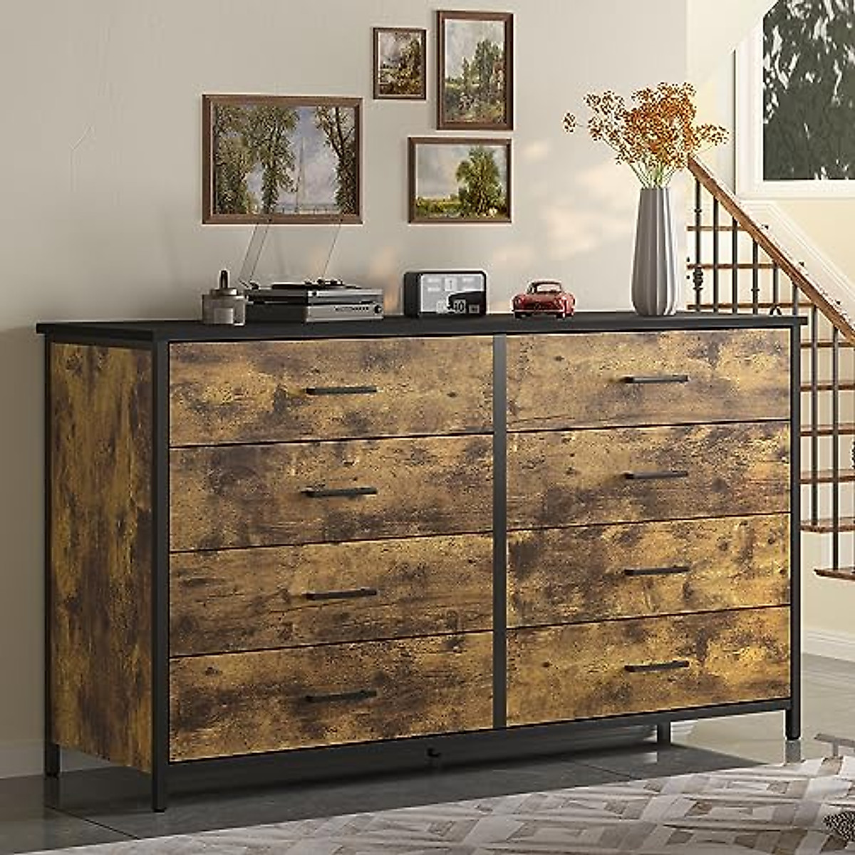 IKENO 8 Drawer Dresser, Industrial Wood Storage Dressers & Chests of Drawers with Sturdy Steel Frame, Storage Dresser for Bedroom Wood (Rustic Brown)