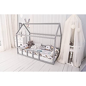 BUSYWOOD Montessori Twin House Bed - Toddler Floor Bed Frame - Kids Furniture - Indoor Playroom - Floor Bed House - Montessori Bed for Toddlers (Model 2, Grey, Floor Bed)