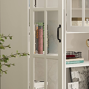 Homsee Tall Bookcase Bookshelf with 15 Storage Shelves, Drawers & 4 Glass Doors, Wooden Display Storage Cabinet with 15 Compartments for Home Office, Living Room, White (63" W x 15.7" D x 78.7" H)