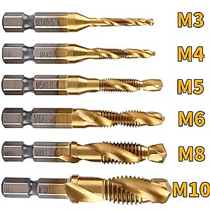 6 Pack Titanium Combination Drill Tap Bit Set, 1/4" HSS Hex Shank Screw Tapping Bit for Drilling, Tapping and Countersinking, M3-M10