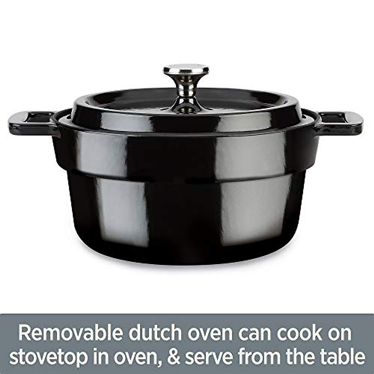 All-Clad Electrics Stainless Steel and Cast Iron Slow Cooker 5 Quart 7-in-1 Slow Cook High/Low, Braise, Sauté, Simmer, Manual, Keep Warm 1200 Watts Stove and Oven Safe Black Enamel Crock Insert