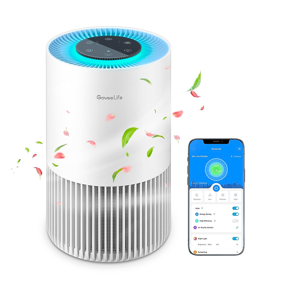 GoveeLife Smart Air Purifiers for Bedroom, with WiFi Alexa Control, HEPA 24dB Quiet Air Purifier with Fragrance Sponge, RGB Night Light, for Pet Dander, Allergies, Smoke, Office and Desktop, White
