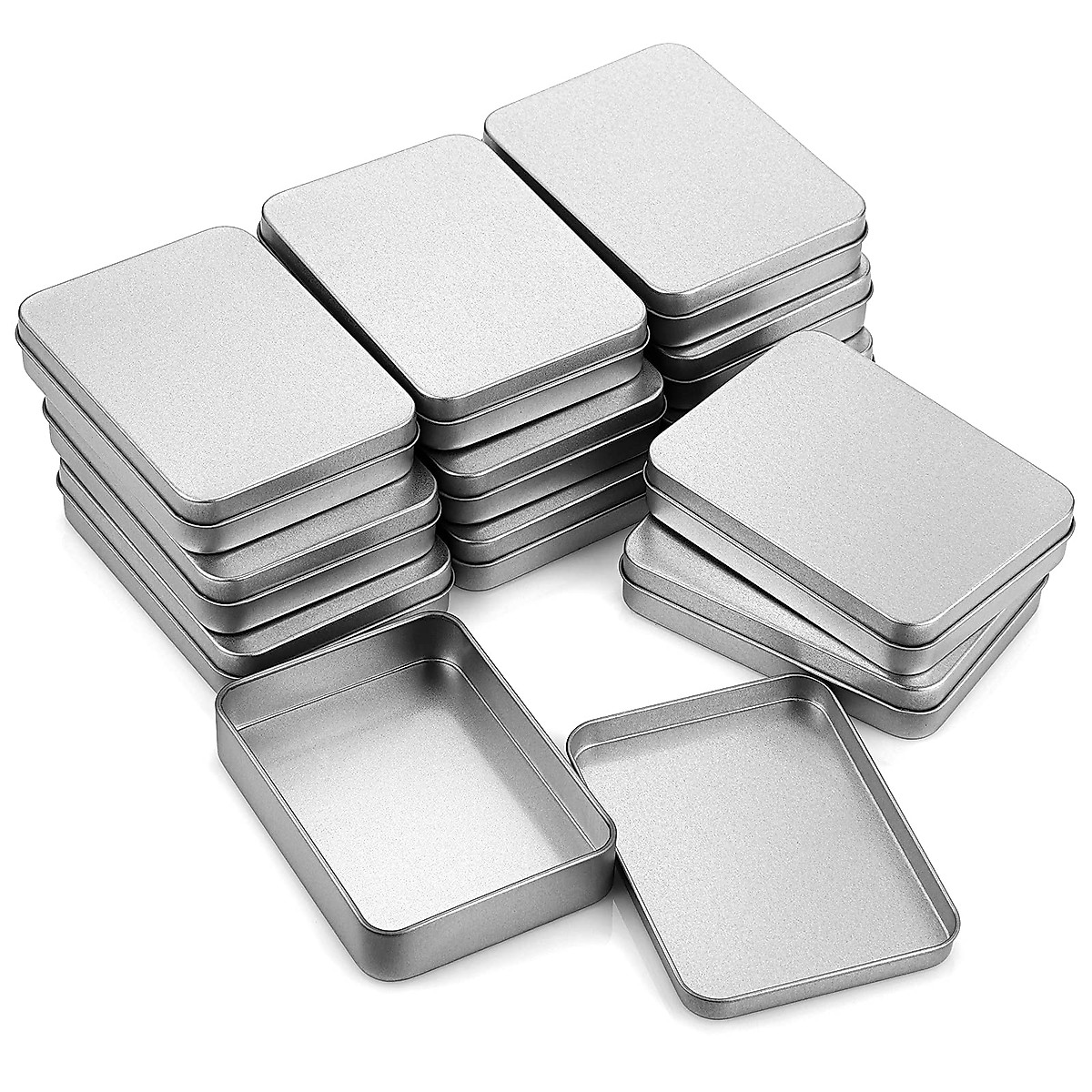 JUXYES Pack of 12 Rectangular Storage Tins Box With Lid, Metal Silver Empty Tins Box Containers Mini Storage Box Organizer For Candles Candies Gifts Balms, 4.5 x 3.14 x 1 Inch