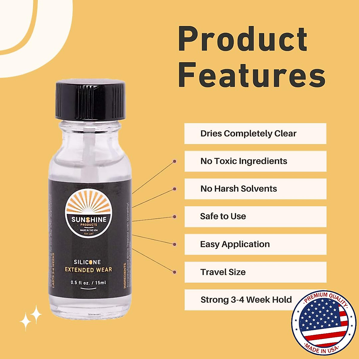 Sunshine Bond Thin Silicone Hair Replacement Adhesive - Extended Hold for Poly and Lace Hairpiece - 3-4 Weeks, Wig, Toupee Systems - Invisible, Waterproof Bonding Glue (.5oz) | Made in USA