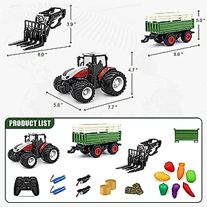 fisca Remote Control Tractor Toy RC Farm Tractor Set with Trailer Front Forklift, 1/24 Scale 2.4Ghz Electronic Tractor Farm Truck Vehicle Toy with Light for Kids Age 6, 7, 8, 9 and Up Years Old