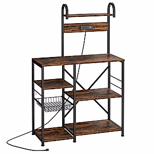 Shintenchi Bakers Rack with Power Outlet & USB Ports, Wire Basket and 6 Hooks, Microwave Oven Stand, Kitchen Shelf, Coffee Station, Kitchen Organizers and Storage (Vintage Brown)