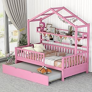 Bellemave Wooden Twin Size House Bed with Trundle,Kids Twin Playhouse Platform Bed Frame with Storage Shelves,Montessori Be for Kids Teens Girls & Boys (Pink)