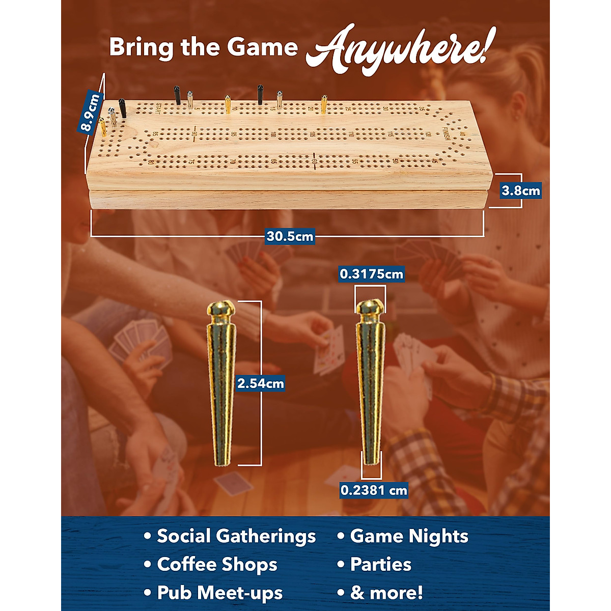 WE Games Wooden Cribbage Board Game Set, Continuous 3 Track for 2-3 Players, Travel Cribbage Board with Card Storage, Includes 9 Metal Pegs & Deck of Cards, Card Games, Classic Board Games for Adults