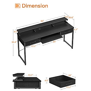 ODK Computer Desk Study Table, 63 Inch Office Desk with Drawers and Keyboard Tray, Study Desk Work Desk with Monitor Shelf, Writing Desk with Storage for Home Office, Black