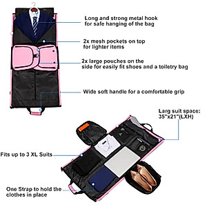 Carry On Garment Bag for Women, Durable Garment Duffle Bag for Travel with Shoes Compartment, Convertible & Foldable 2 in 1 Hanging Dress Weekender Suitcase Suit Travel Bag, Gifts for Women, Pink