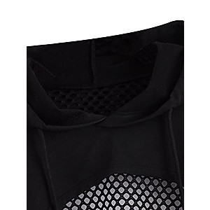 Verdusa Women's Hollow Out Fishnet Long Sleeve Drawstring Hoodie Super Crop Sweatshirt Black L