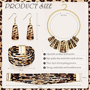 3 Pieces Leopard Necklace Earrings Bracelets Jewelry Set Women Bohemia Leopard Print Bib Chain Necklace Bracelet Print Jewelry Multi Layer PU Leather Wrist Cuff Wrap Bracelet Leopard Gift Accessories