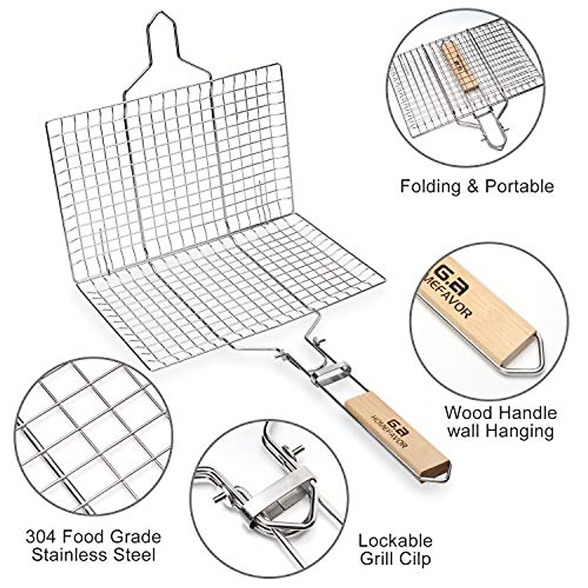 G.a HOMEFAVOR BBQ Fish Grill Basket Food Grade 18/8 304 Stainless Steel, Folding Portable Oak Handle, for Grilling Fish Vegetables Shrimp Meat Steak (Silicone Brush+Pouch+3x12inch Skewers)