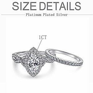 Marquise Bridal Sets Wedding Ring Set for Women Platinum Plated Silver, 1 Carat Center Moissanite Engagement Ring Set White Gold Vintage Anniversary Promise Rings for Her with Text Engraving（size 7