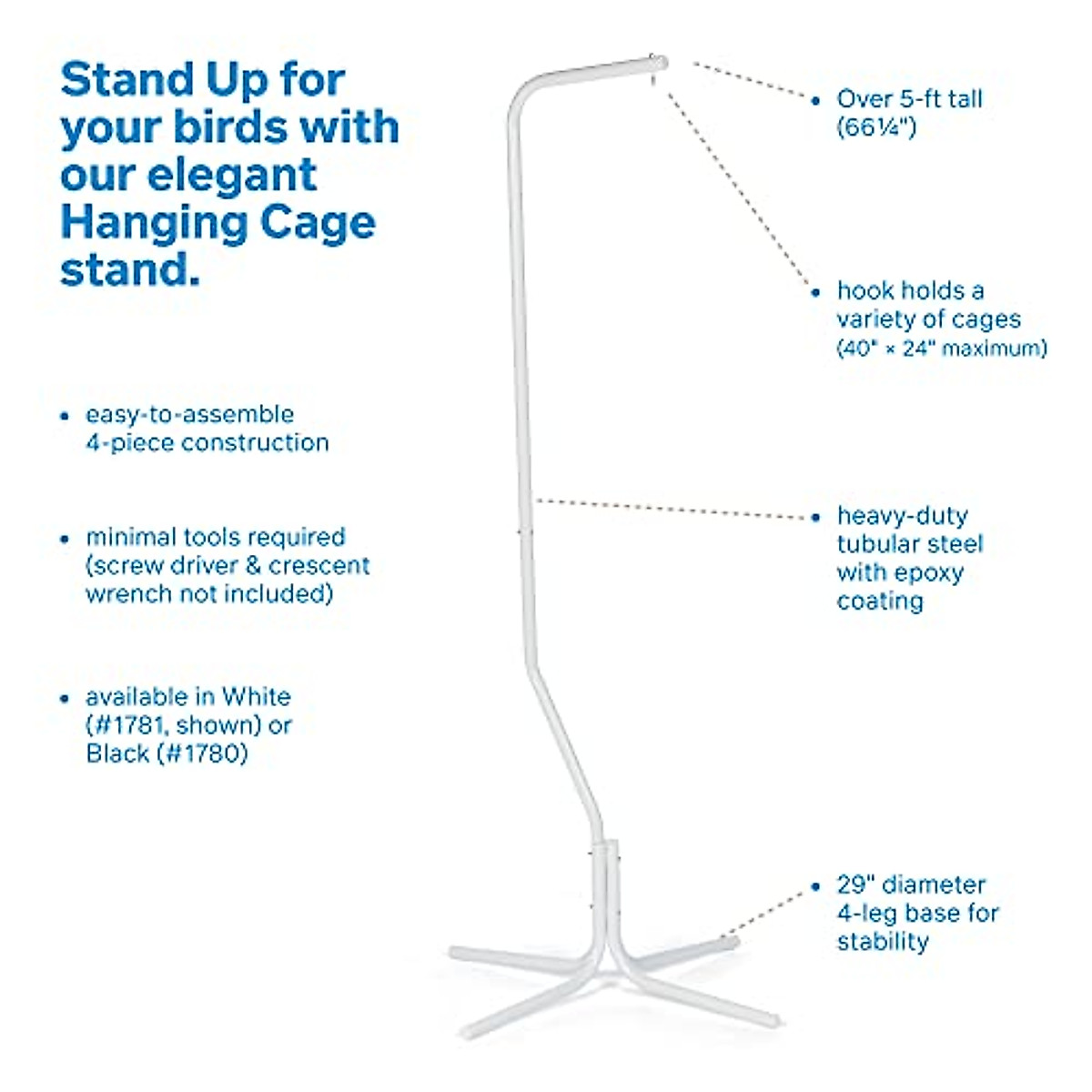 Prevue Pet Products Tubular Steel Hanging Bird Cage Stand 1781 White, 24-Inch by 24-Inch by 60-Inch