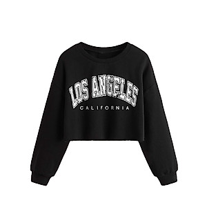 SOLY HUX Girl's Letter Graphic Crop Sweatshirt Round Neck Drop Shoulder T Shirt Pullover Tops Black 11-12Y