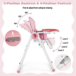 BABY JOY High Chair for Babies & Toddlers, Foldable Highchair with Adjustable Backrest/Footrest/Seat Height, Double Removable Trays, Detachable Seat Cushion, 4 Lockable Wheels (Pink)