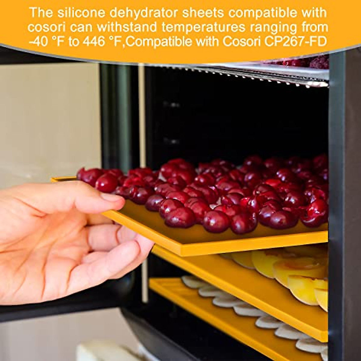 Vesici Set of 8 Silicone Dehydrator Sheets 12.2 x 10.2 Inch, Non Stick Dryer Mats with Edge High Temperature Resistance Fruit Trays Reusable Dehydrator Trays for Fruits Meat Vegetables Herbs(Orange)