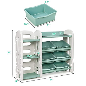 HONEY JOY 4-Tier Kids Toy Storage Organizer with 6 Bins, 2-in-1 Toy Storage Unit with Corner Bookshelf and Removable Toy Box, Toddler Furniture for Playroom Daycare (Green)