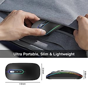 cimetech M01 Wireless Bluetooth Dual Mode Mouse, [1 Mouse for 2 Devices] [Ultra-Low Decibel Click], Rechargeable Ultra Slim LED Sleek Mouse, Plug and Play for iPad Mac Laptop Tablet PC Window - Black