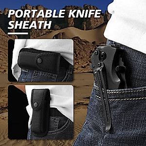 OGIVAL Pocket Knife，4inch Folding Knife with Nylon Sheath and Pocket Clip, Bottle Opener, Glass Breaker, Seatbelt Cutter and Wrench, Black