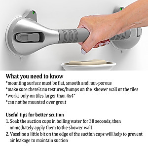 SAFETY+BEAUTY Suction Shower Grab Bar, Bath Tub Handle with Indicator, Anti-Slip Grip, Metallic Silver Dual Tone (Grey, 17 inch)