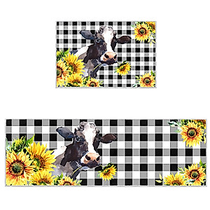Kitchen Mat Set 2 Kitchen Rugs, Watercolor Cow Sunflower Farm Soft Waterproof Non-Slip Rubber Backing Floor Mats Bathroom Runner Area Rug Carpet, 20x24in + 20x48in Checkered Black Buffalo Plaid