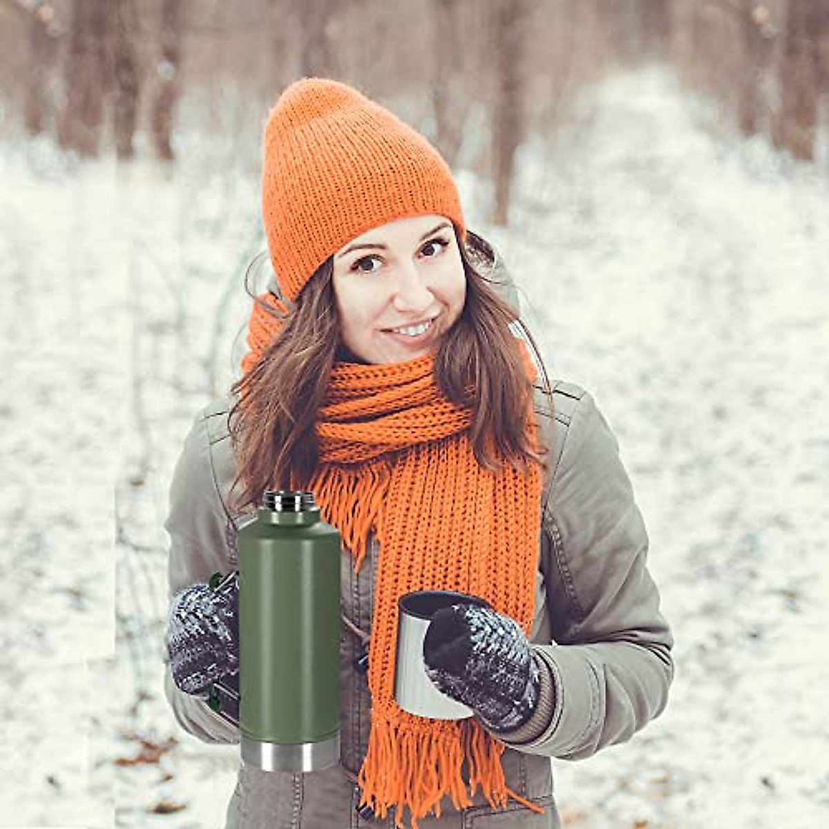 WAPEST Water Bottle 64 oz - Vacuum Insulated Wide Mouth Stainless Steel Thermos with Spout Lid and Flex Cap - Keeps Liquid Cold for 48 Hrs or Hot for 24 Hrs - collapsible handle, Green, 2.2qt