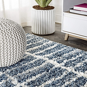 JONATHAN Y MBS101B-3 Merida Stacked Grid Shag Indoor Area -Rug Bohemian Modern Glam Easy -Cleaning Bedroom Kitchen Living Room, 3 X 5, Indigo Blue/Ivory