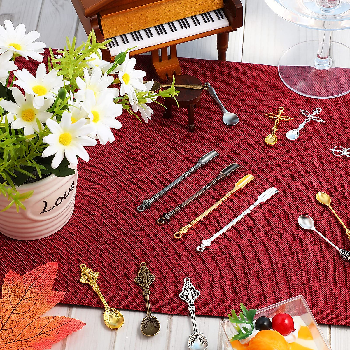 30 Pieces Mini Shovel Medicine Spoon, Mini Shovel Tableware Charm Pendants and Micro Scoops Pendants Alloy Spoon Pendant Charms for Home Supplies Pendants Necklace, 6 Style