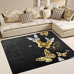 AGONA Gold White Butterflies Black Area Rug 5x7 Soft Large Area Rugs Indoor Modern Floor Carpet No-Shedding Non-Slip Rectangle Mat for Living Room Entryway Bedroom Kids Room