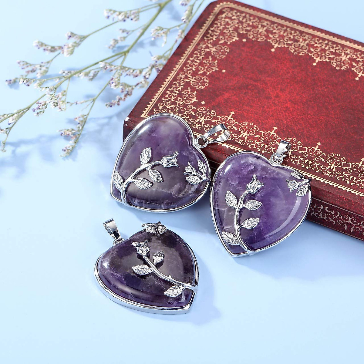 Jovivi 3 Pcs Healing Crystal Necklaces Flower Wrapped Amethyst Crystals Heart Stone Pendant Necklace Natural Reiki Energy Healing Quartz Gemstone Jewelry for Women Men