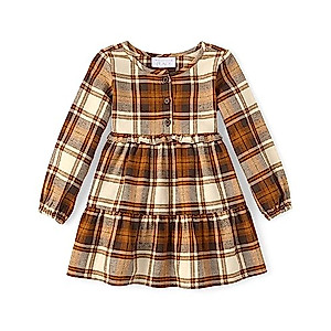 The Children's Place Baby Girls' Plaid Flannel Woven Tiered Dress, HAY STACK, 12-18 Months