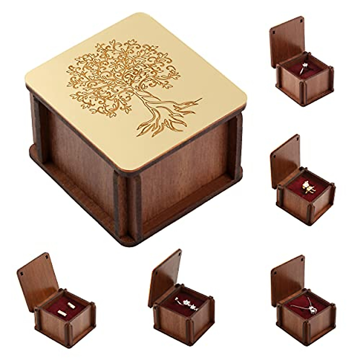 LUCCE Wooden Ring Box for Proposal Slim - Small Engagement Ring Box Wood - Golden Mirror Effect Tree of Life Pattern Rustic Wedding Decorations for Ceremony, Jewelry Box - Wooden Storage Box with Ring Bearer and Perfect for Proposal, Wedding, Ceremony, En