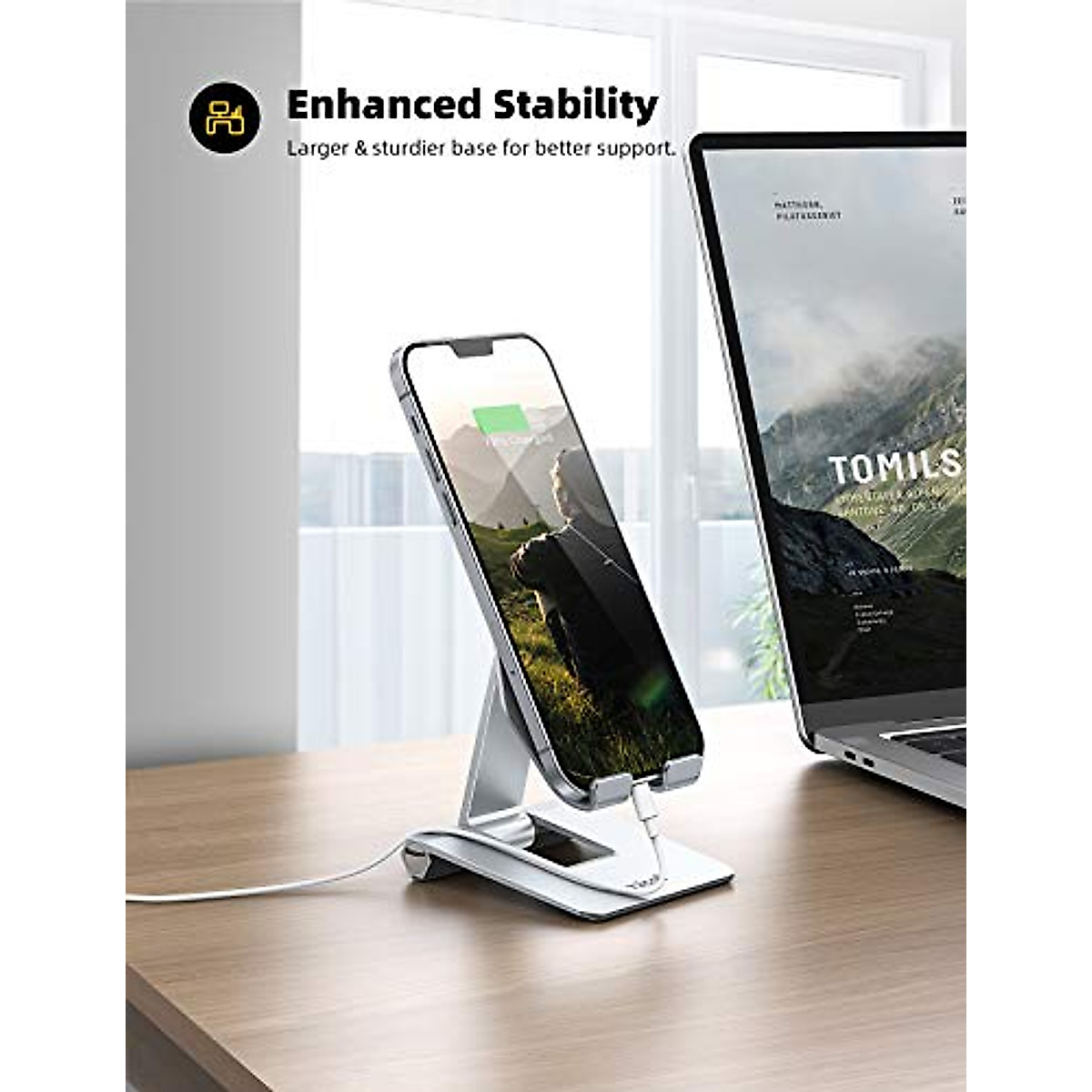 Lamicall Adjustable Cell Phone Stand Desk - Foldable Desktop Phone Holder, Cradle, Dock, Compatible with iPhone 14, Plus, Pro, Pro Max, 13 12 X XS,4-11'' Phones, Office Accessories, Smartphone Sliver
