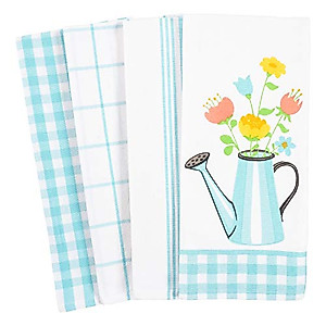 KAF Home Pantry Kitchen Dish Towel Set of 4, Cotton Rich, 18 x 28-inch (Gingham Bouquet Watering Can Flower Pot)