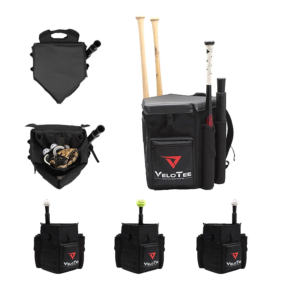 VeloTee | Home Plate Baseball & Softball Bat Bag | Softball and Baseball Coaches Bag | Baseball Bucket Backpack with Built in Batting Tee