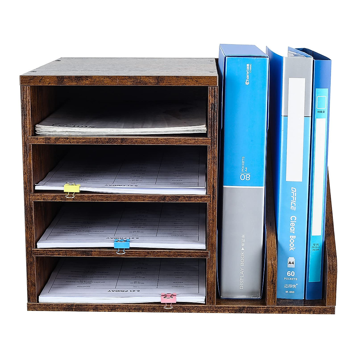 PAG Wood Desktop File Holder Organizer Mail Sorter for File Folders, Mails, Envelopes, Mailing Supplies or Magazines, Brown